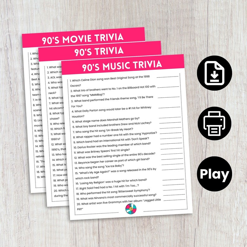 90s Trivia Game Bundle, 90s Music Trivia, 90s Movie Trivia, 90s Party ...