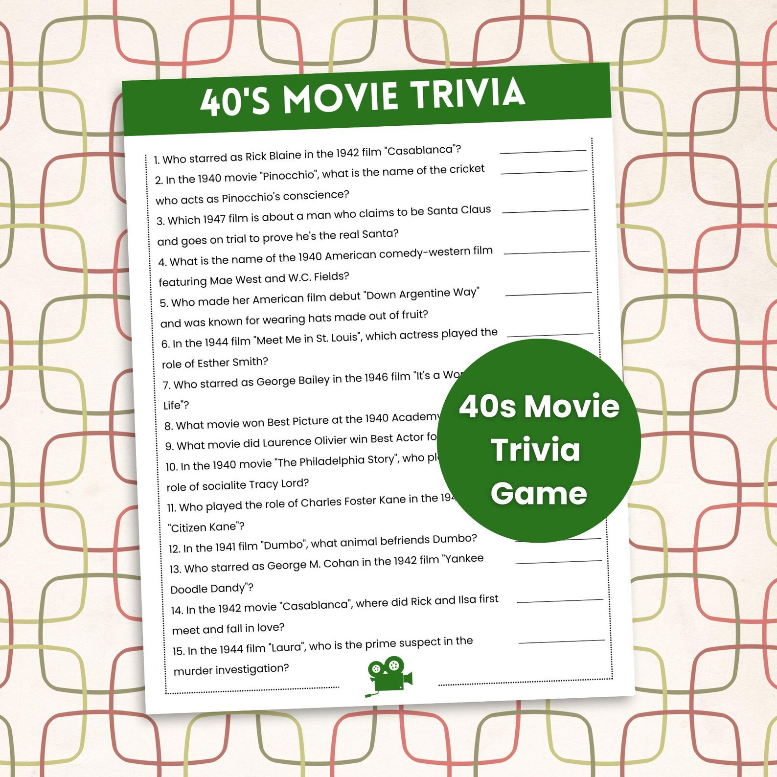 40s Movie Trivia Game, 40s Theme Party Game, 1940s Trivia, Decades ...