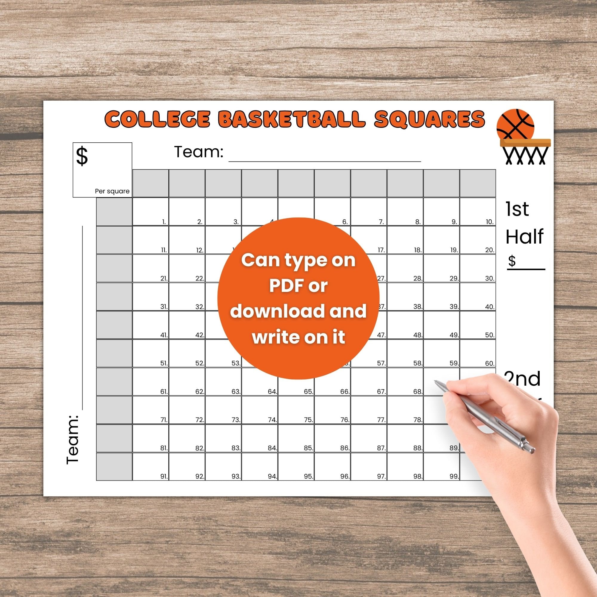 Editable College Basketball Squares Game, Sports Betting Game, 100 ...