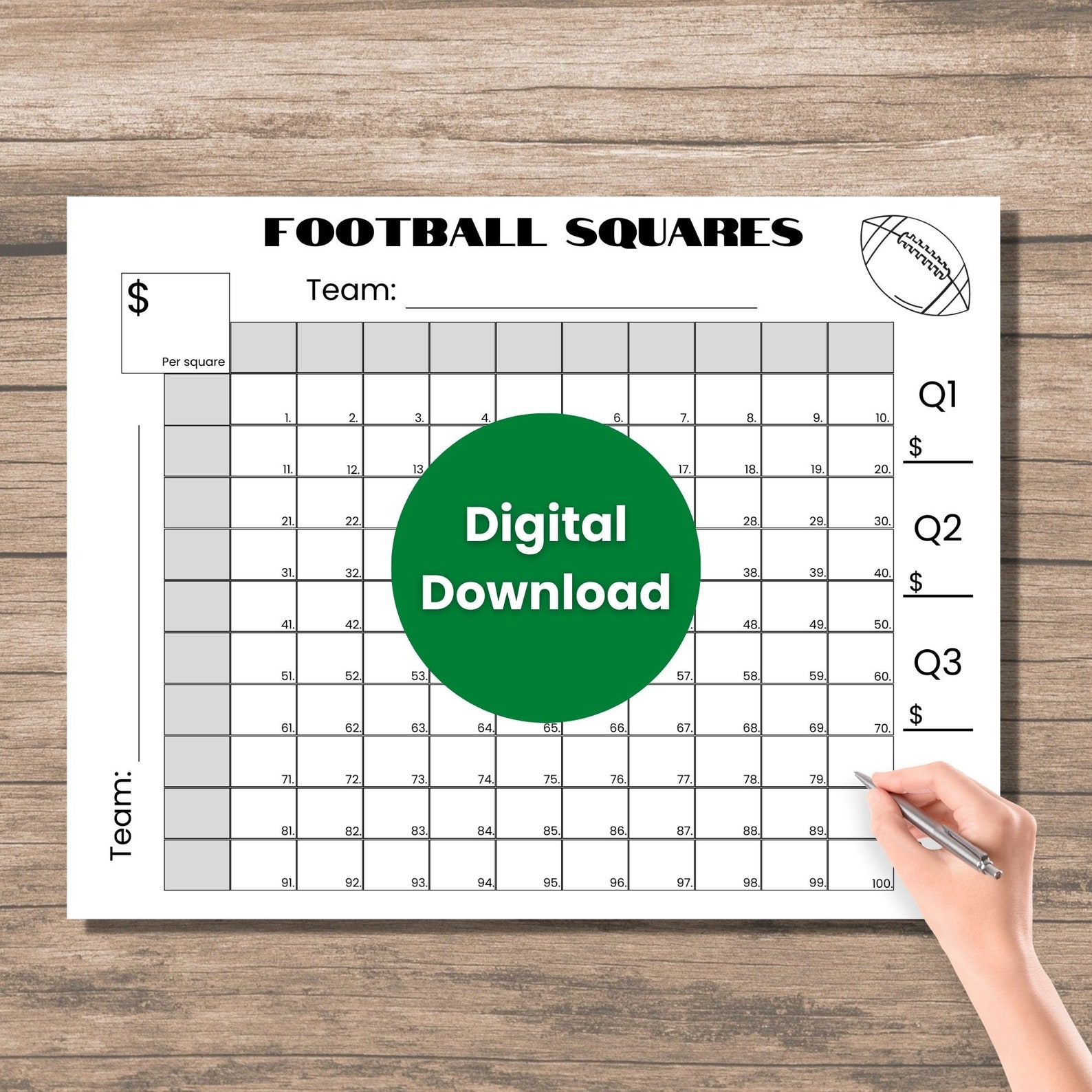 Editable Football Squares Game Printable, Football Fundraiser, Football ...
