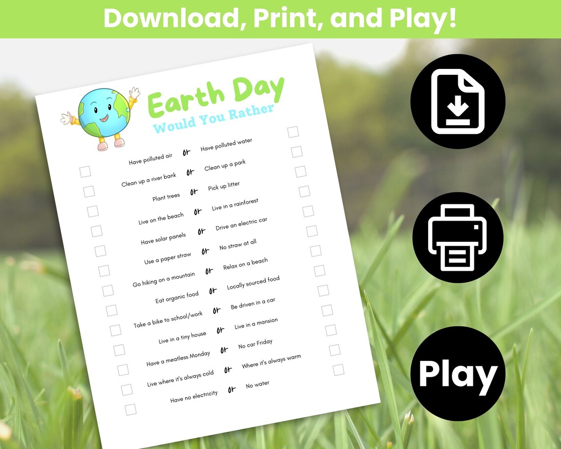 Earth Day Would You Rather Game, Earth Day Printable Game for Kids and ...