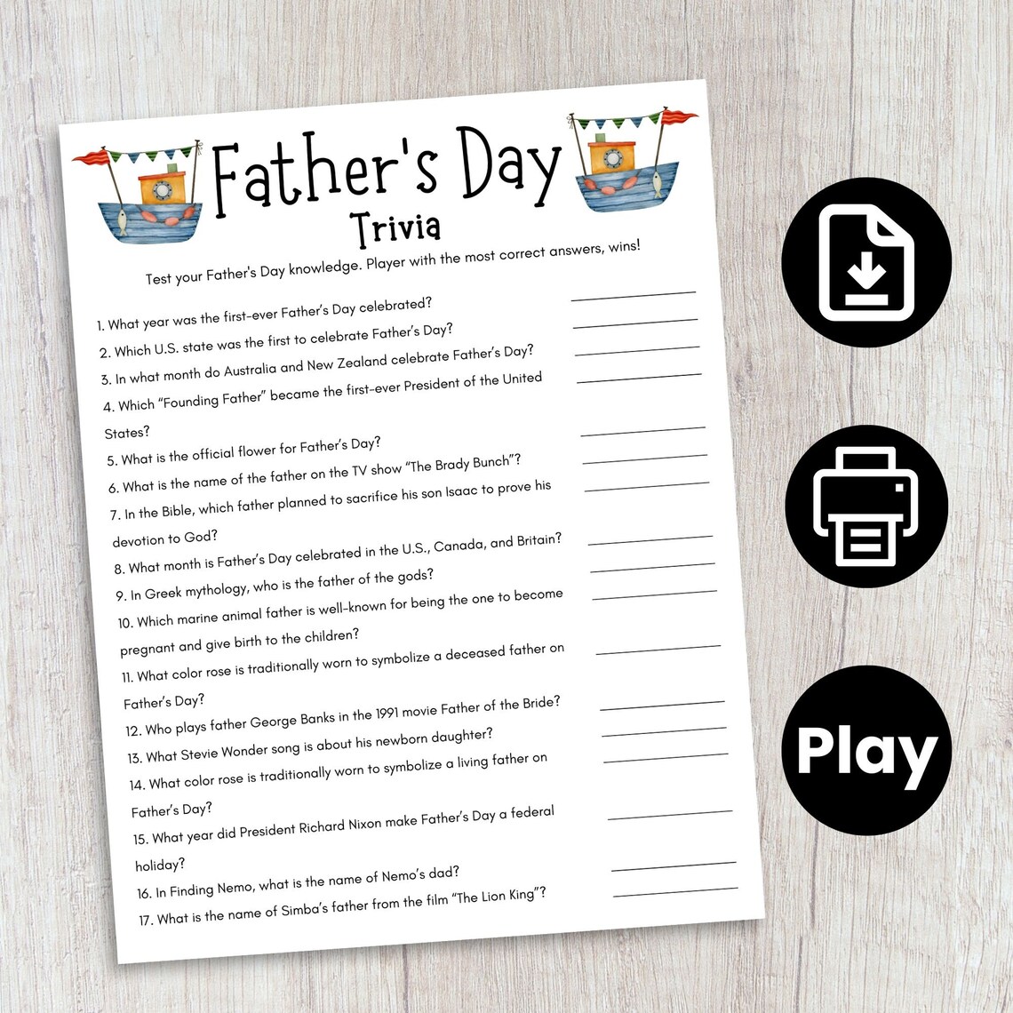 Fathers Day Trivia Game, Fathers Day Games, Seasonal Printable Game ...