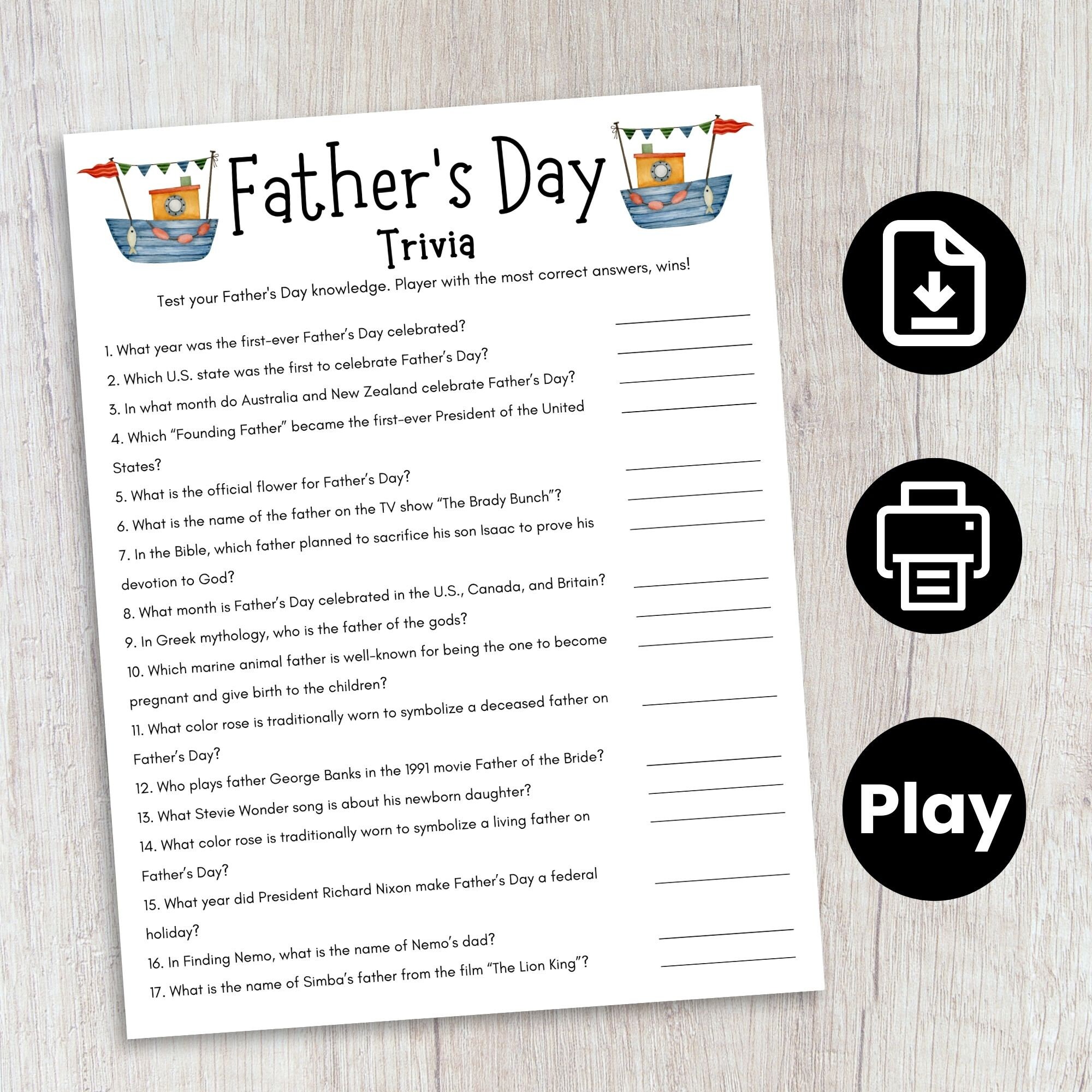Fathers Day Trivia Game, Fathers Day Games, Seasonal Printable Game ...