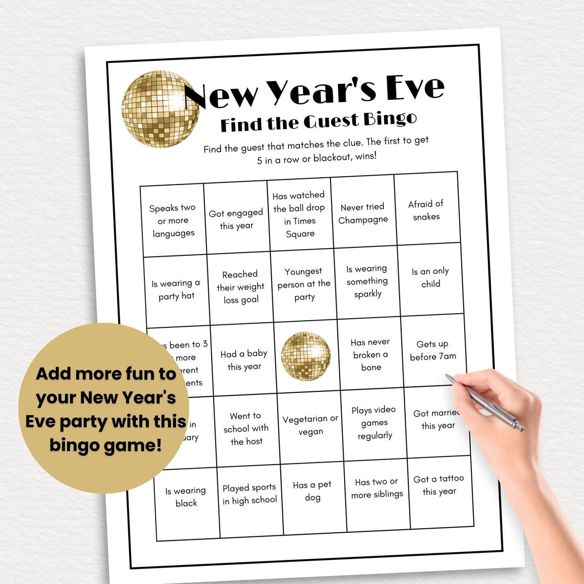 New Years Eve Find the Guest Bingo Game, NYE Games, New Years Eve Party ...