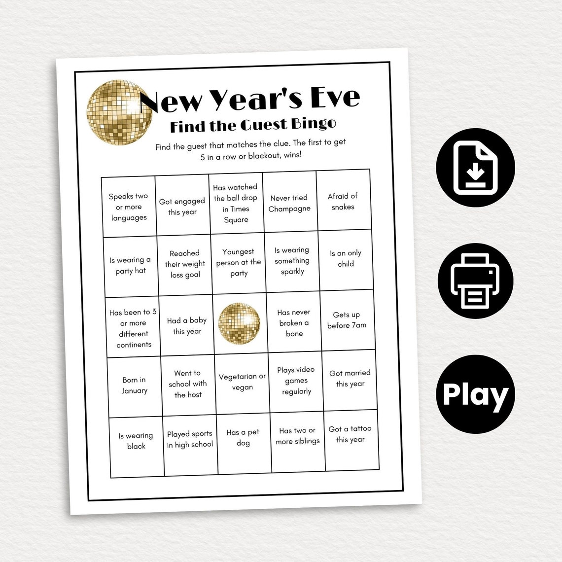 New Years Eve Find the Guest Bingo Game, NYE Games, New Years Eve Party ...