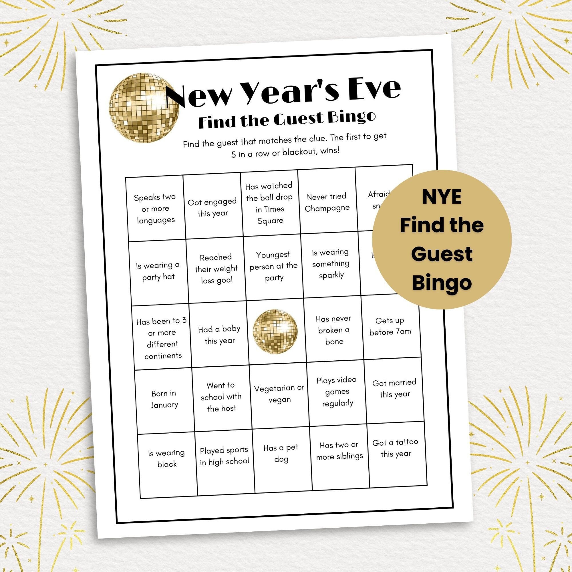 New Years Eve Find the Guest Bingo Game, NYE Games, New Years Eve Party ...