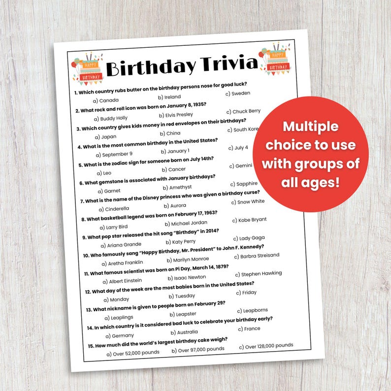 Birthday Trivia Game, Birthday Party Game, Birthday Quiz, 30th Birthday ...