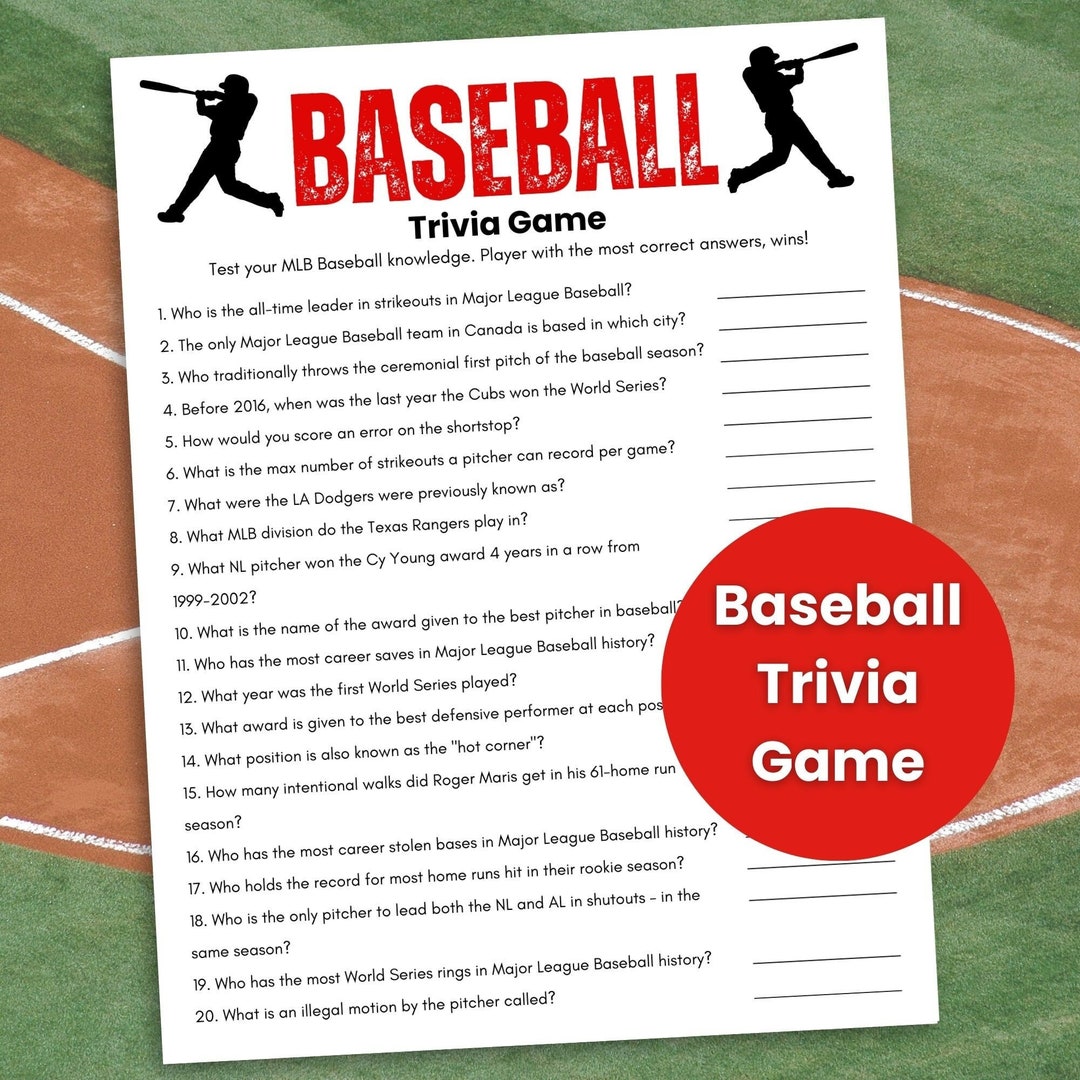Baseball Trivia Game Baseball Printable Game Sports Trivia - Etsy