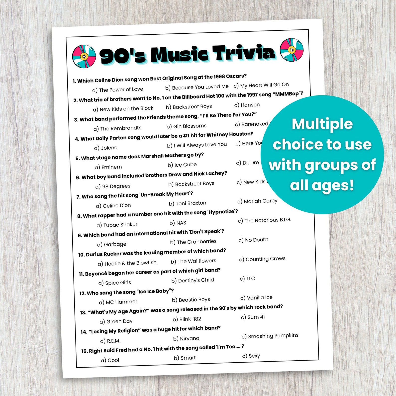 90s Music Trivia Game, 90s Theme Party Game, 1990s Trivia Game, 90s ...