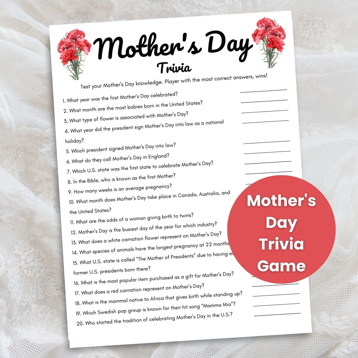 Mothers Day Trivia Game, Mothers Day Games, Seasonal Printable Game ...