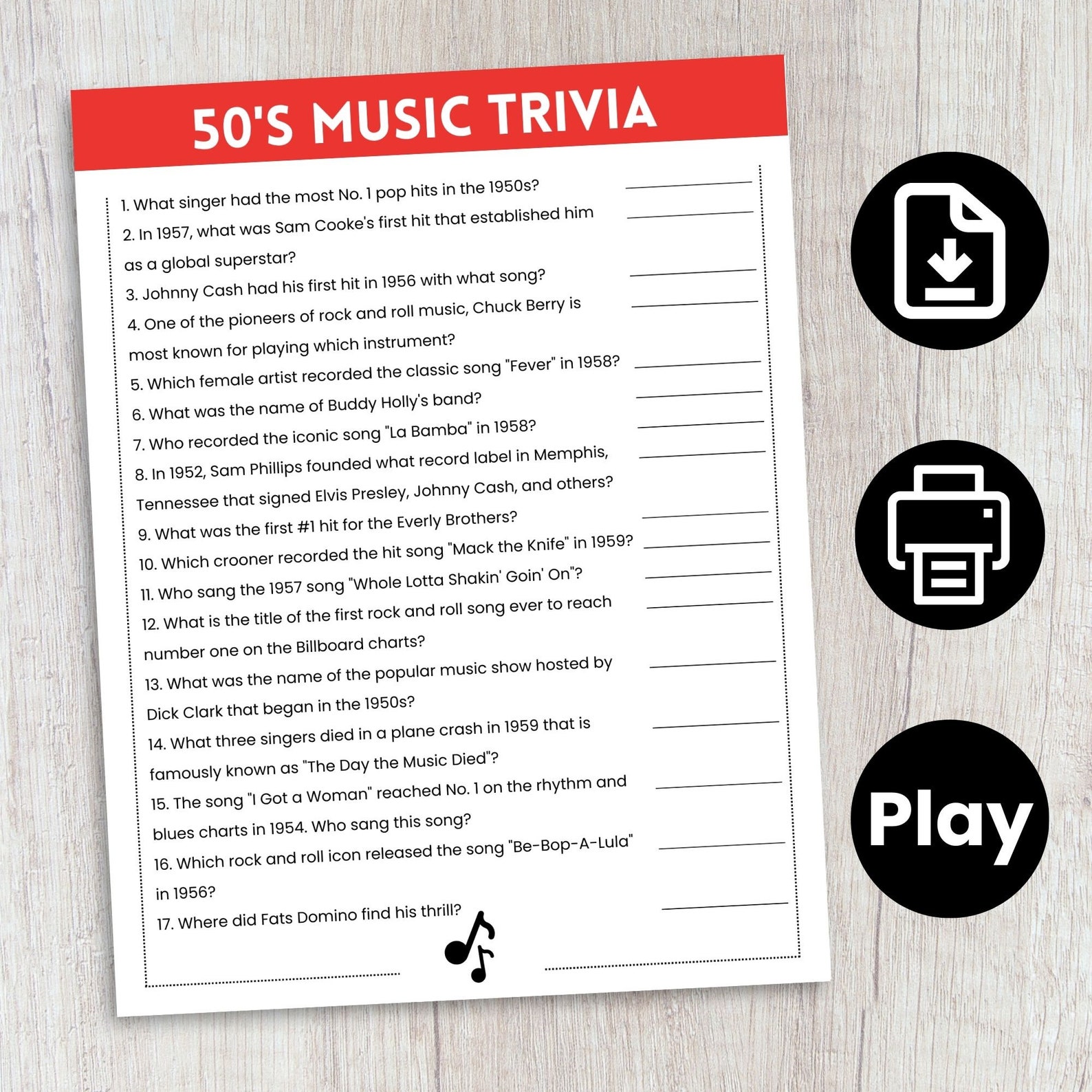 50s Music Trivia Game, 50s Theme Party Game, 50s Trivia, Decades Trivia ...