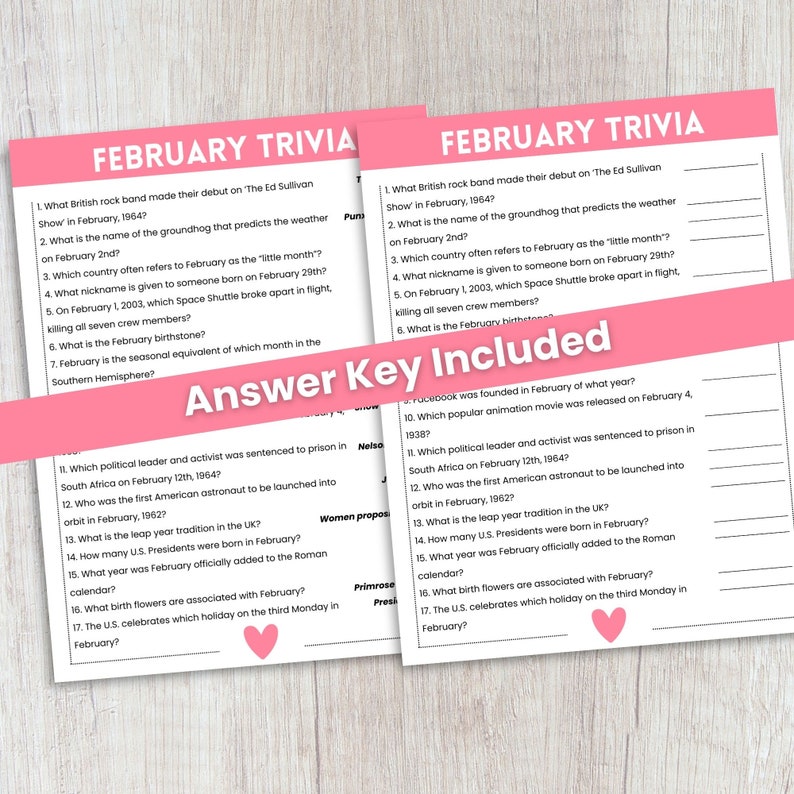 February Trivia Game, Holiday Trivia Game, Valentines Trivia, Birthday ...