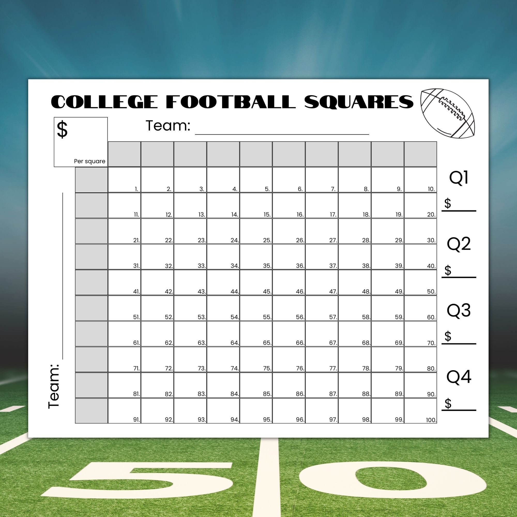 College Football Squares Game Printable, Football Fundraiser, Football ...