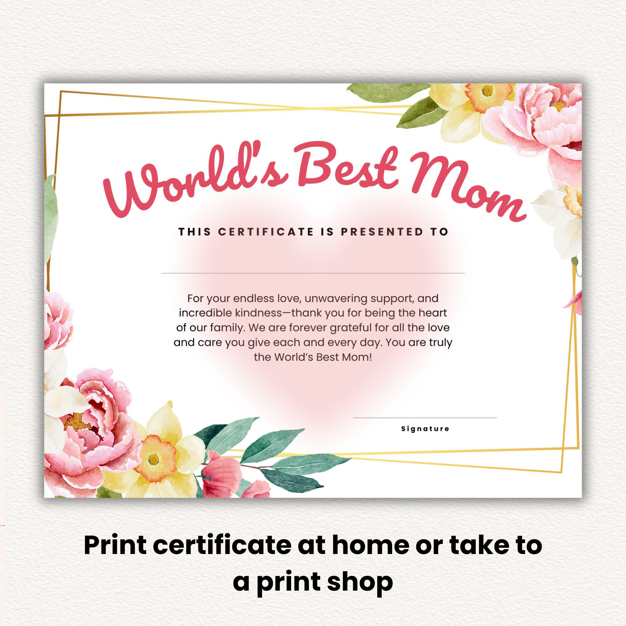 World's Best Mom Certificate, Mom Certificate, Meaningful Mom Gift ...