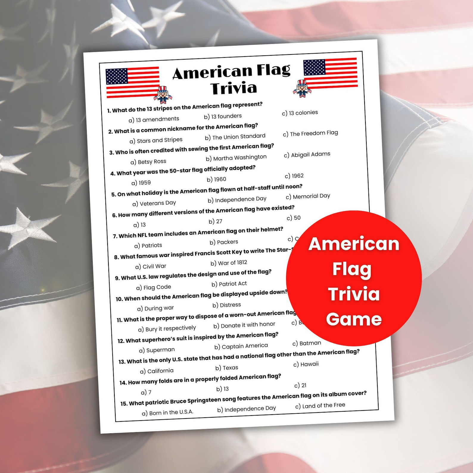 American Flag Trivia Game, USA Trivia, Patriotic Trivia, 4th of July ...