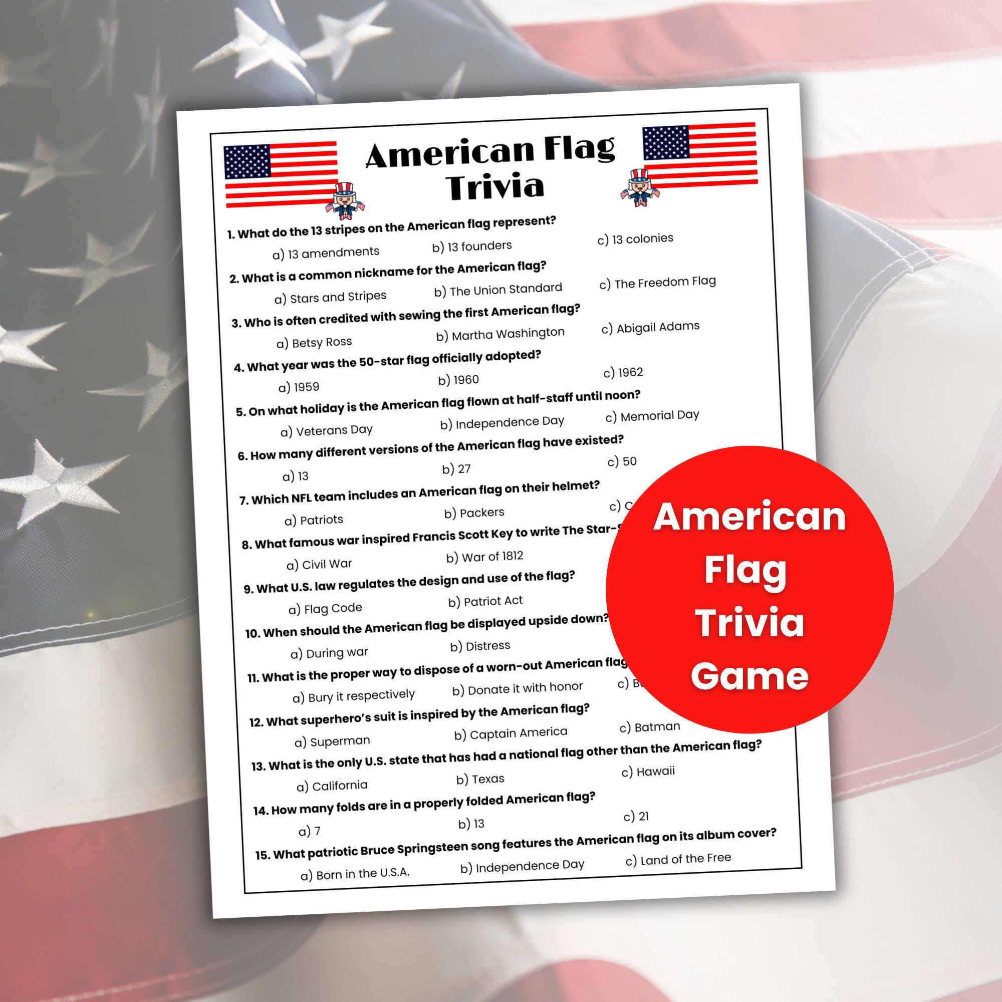 American Flag Trivia Game, USA Trivia, Patriotic Trivia, 4th of July ...