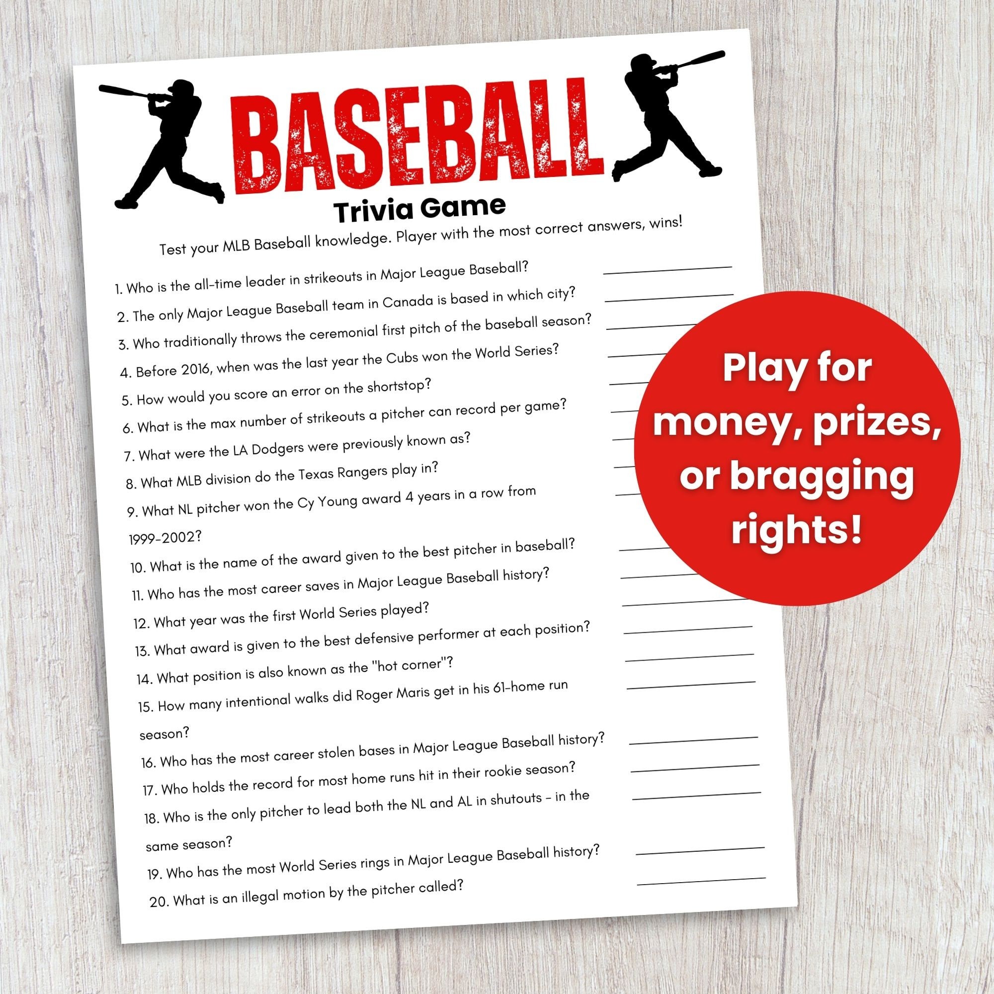 Baseball Trivia Game, Baseball Printable Game, Sports Trivia, Baseball ...