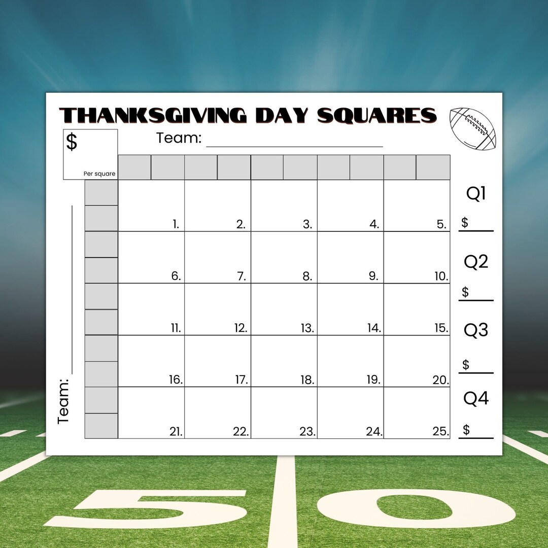 Thanksgiving Day 25 Squares Game, Football Squares Game, Football ...