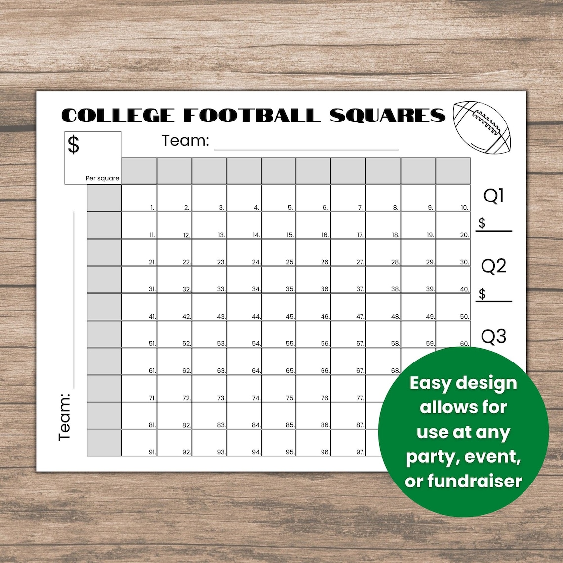 College Football Squares Game Printable, Football Fundraiser, Football ...