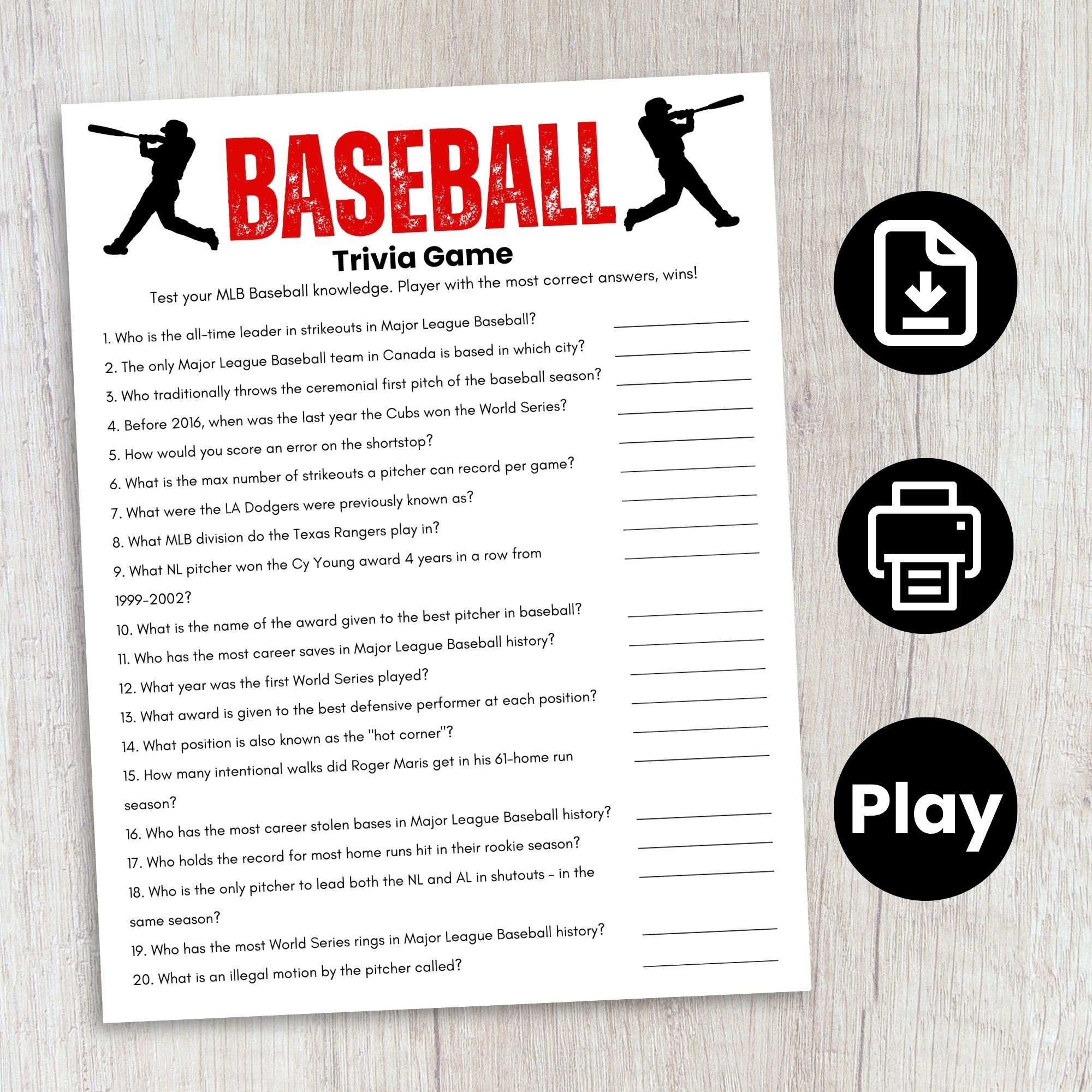 Baseball Trivia Game, Baseball Printable Game, Sports Trivia, Baseball ...