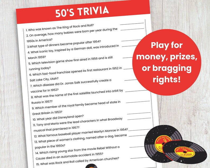 50s Trivia Game 50s Theme Party Game Trivia Game for Teens - Etsy