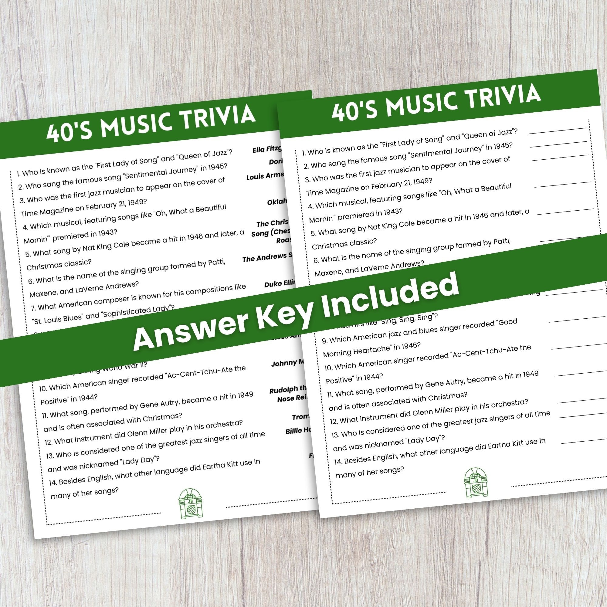 40s Music Trivia Game, 40s Theme Party Game, 1940s Trivia, Decades ...