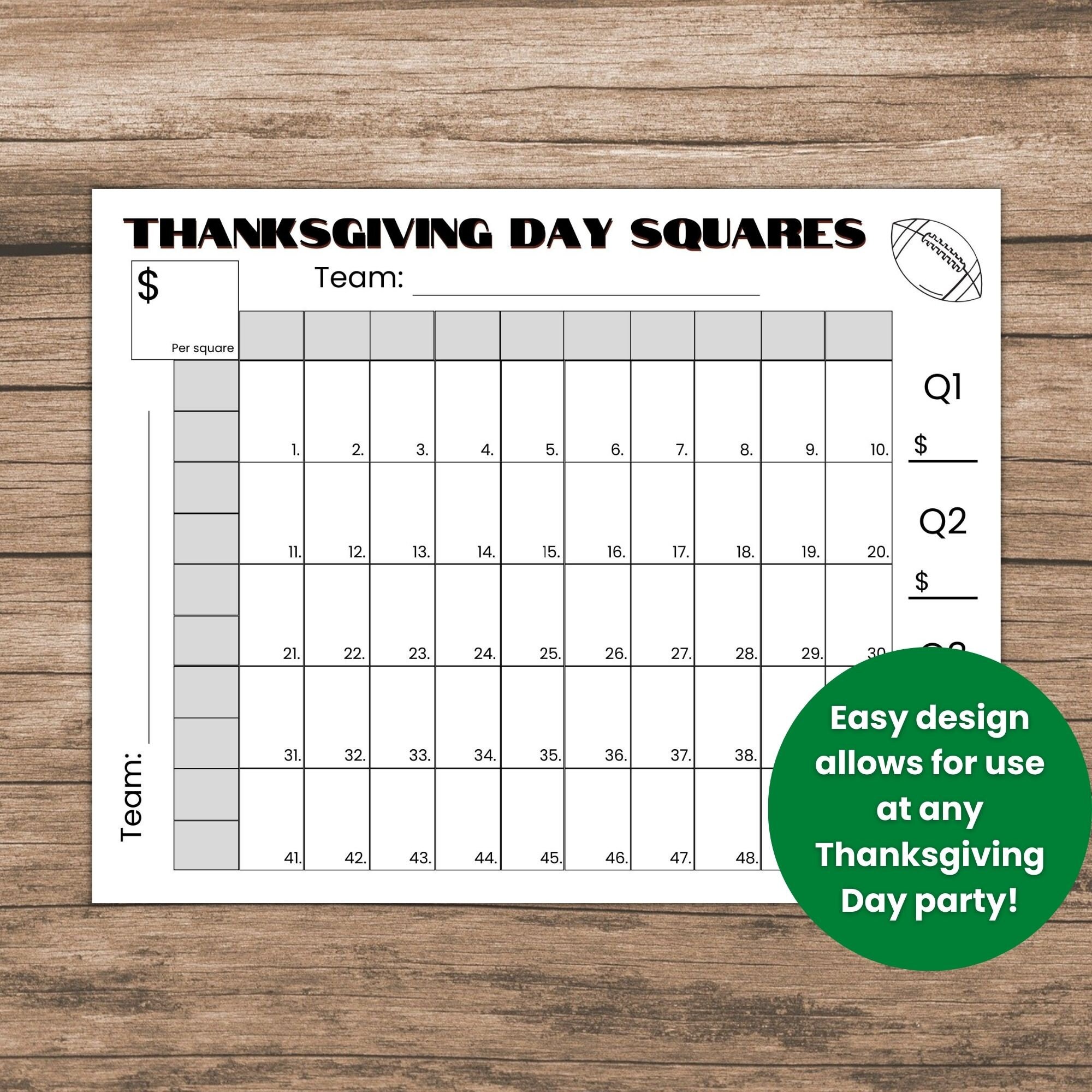 Editable Thanksgiving Day 50 Squares Game, Football Squares Game ...