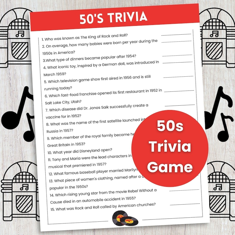 50s Trivia Game, 50s Theme Party Game, Trivia Game for Teens and Adults, Office Party Game, Pub ...