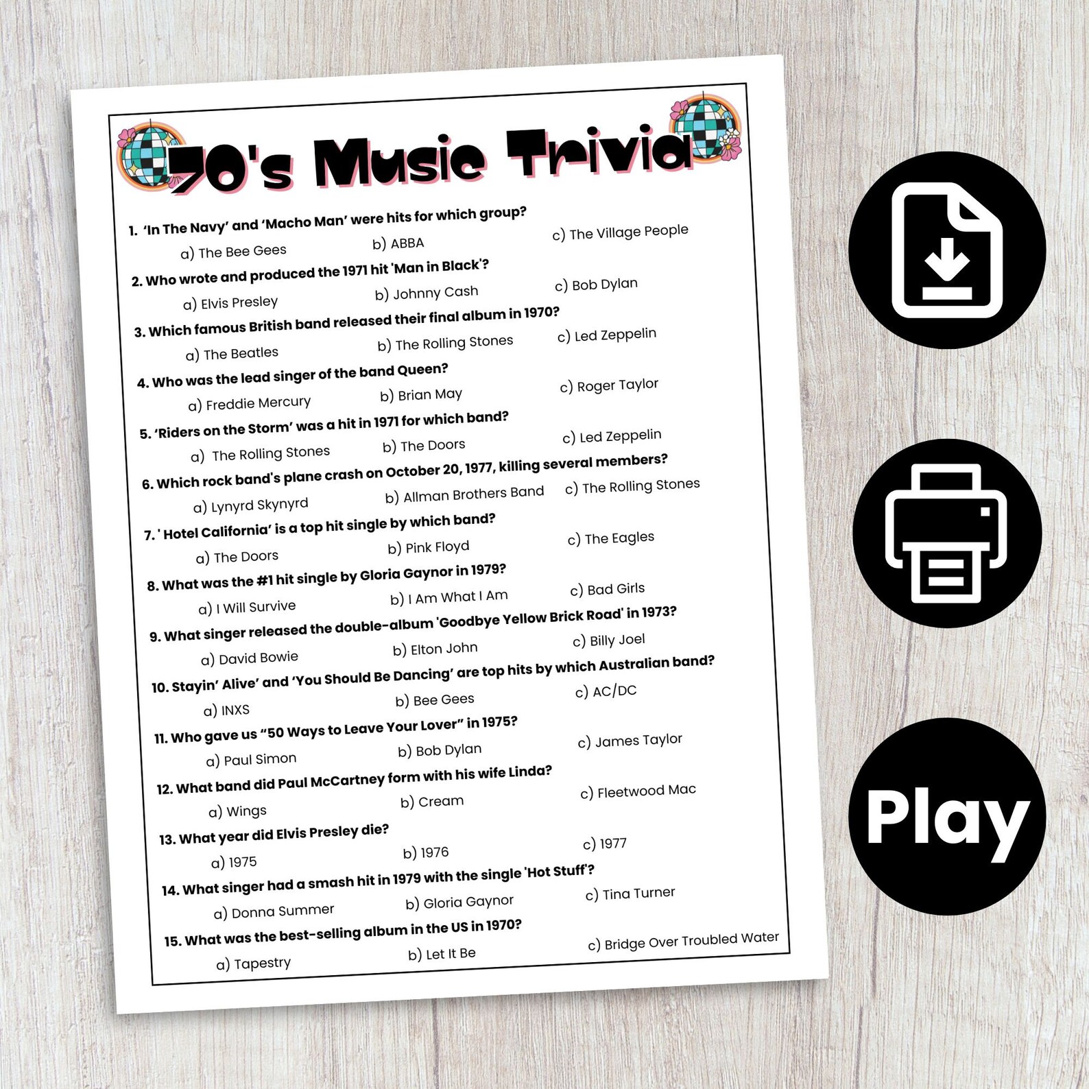 70s Music Trivia Game, 70s Party Game, 70s Trivia, Decades Trivia ...