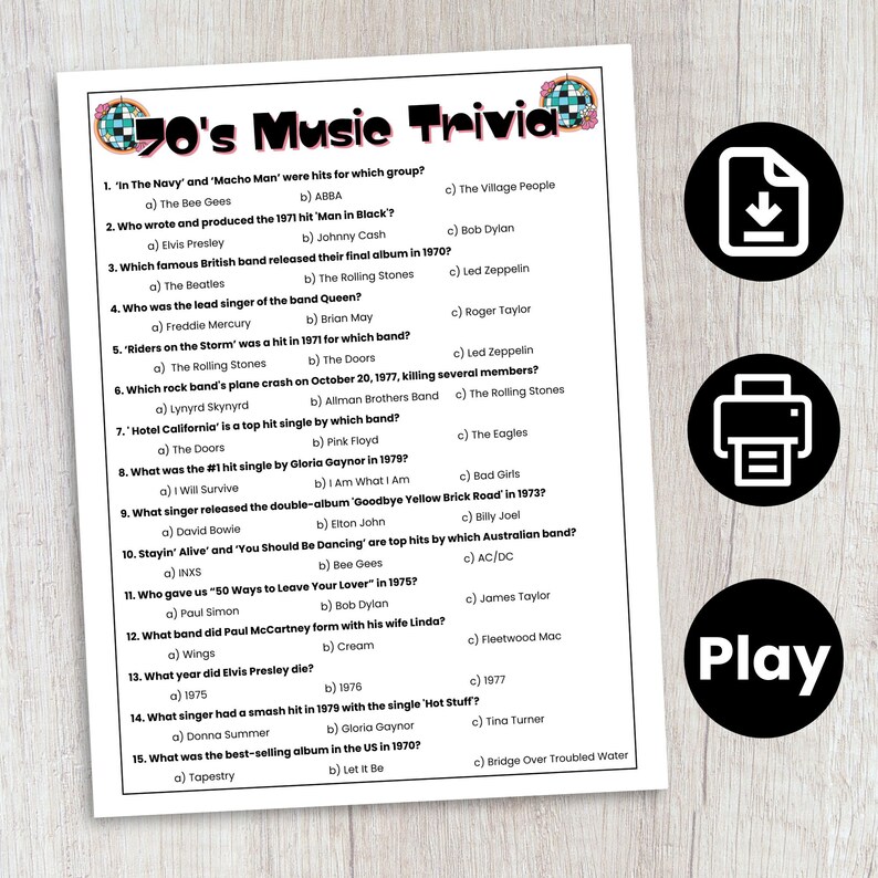 70s Music Trivia Game, 70s Party Game, 70s Trivia, Decades Trivia ...