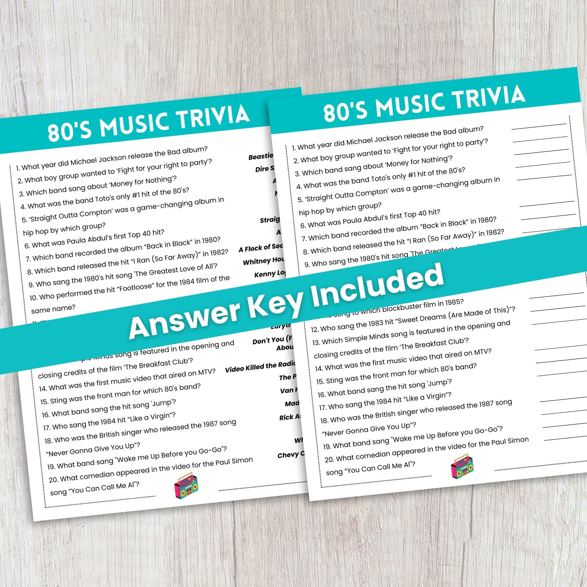 80s Music Trivia Game, 80s Theme Party Game, 80s Trivia, Decades Trivia, Office Party Game, Team ...