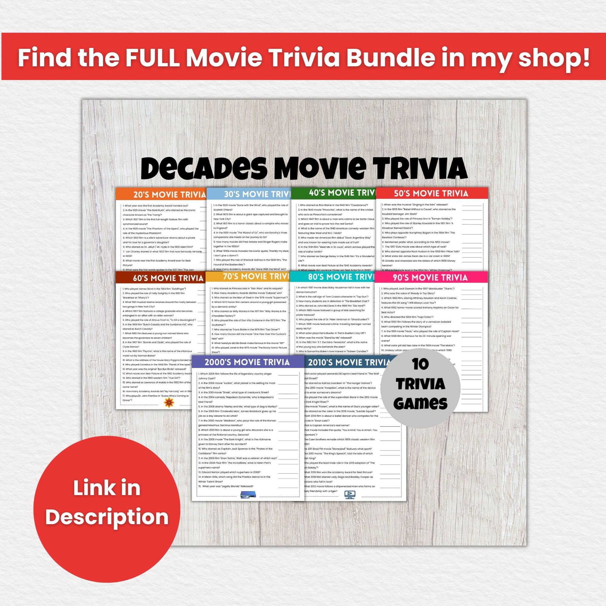 50s Movie Trivia Game, 50s Theme Party Game, 1950s Trivia, Decades ...