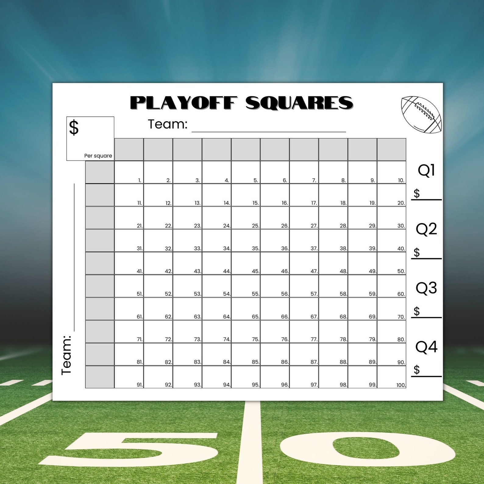 Playoff Squares Game, Football Squares Game, 100 Squares Game, Football ...