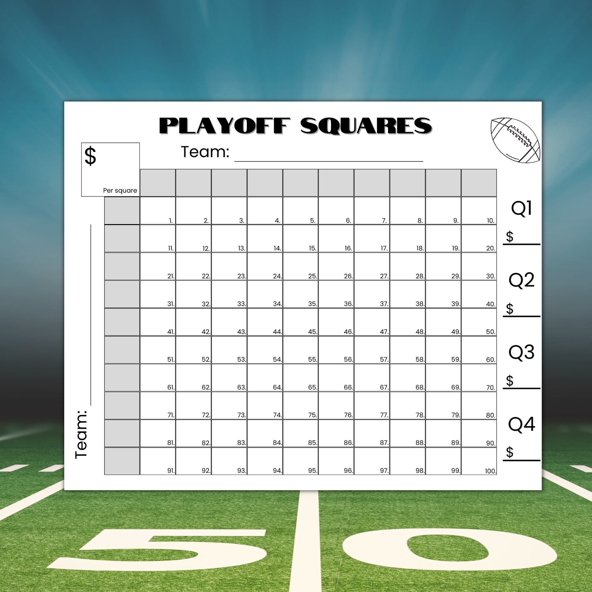 Playoff Squares Game, Football Squares Game, 100 Squares Game, Football ...