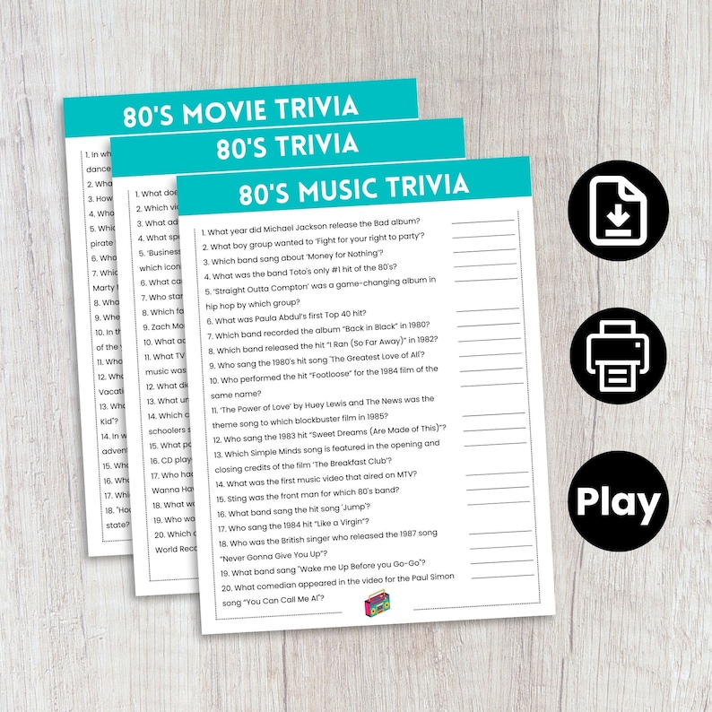 80s Trivia Game Bundle, 80s Music Trivia, 80s Movie Trivia, 80s Party ...