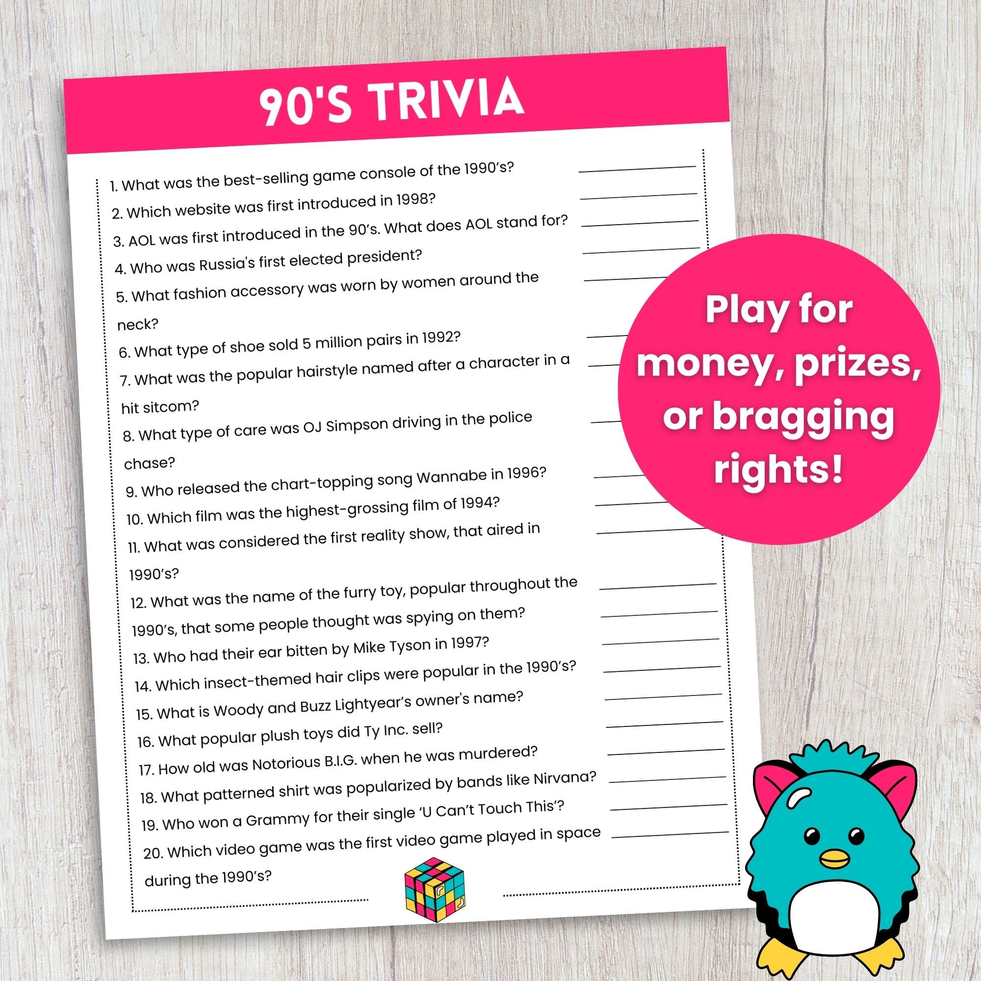 90s Trivia Game, 90s Theme Party Game, Trivia Game for Teens and Adults ...
