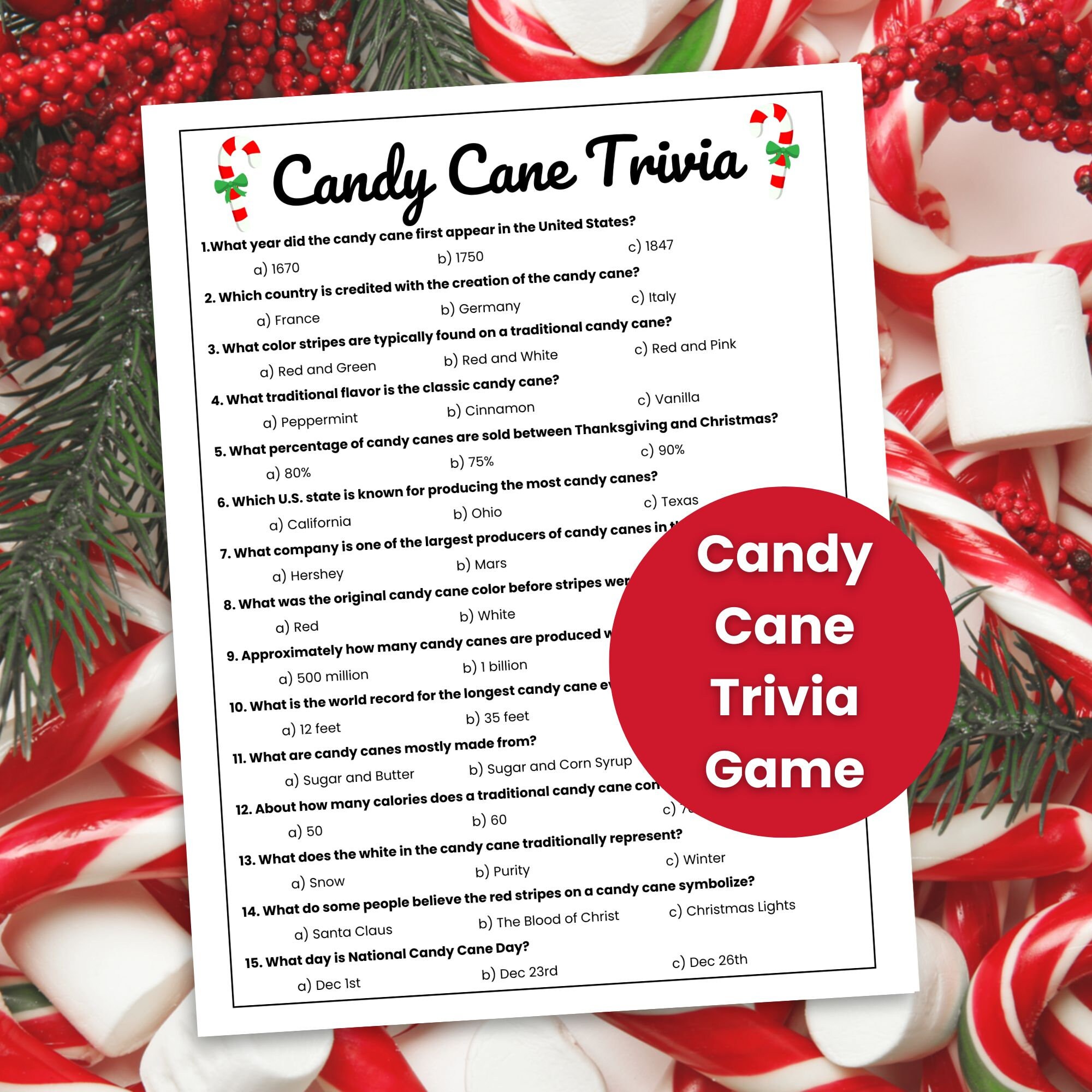 Candy Cane Trivia, Candy Cane Games, Christmas Trivia Game, Office ...
