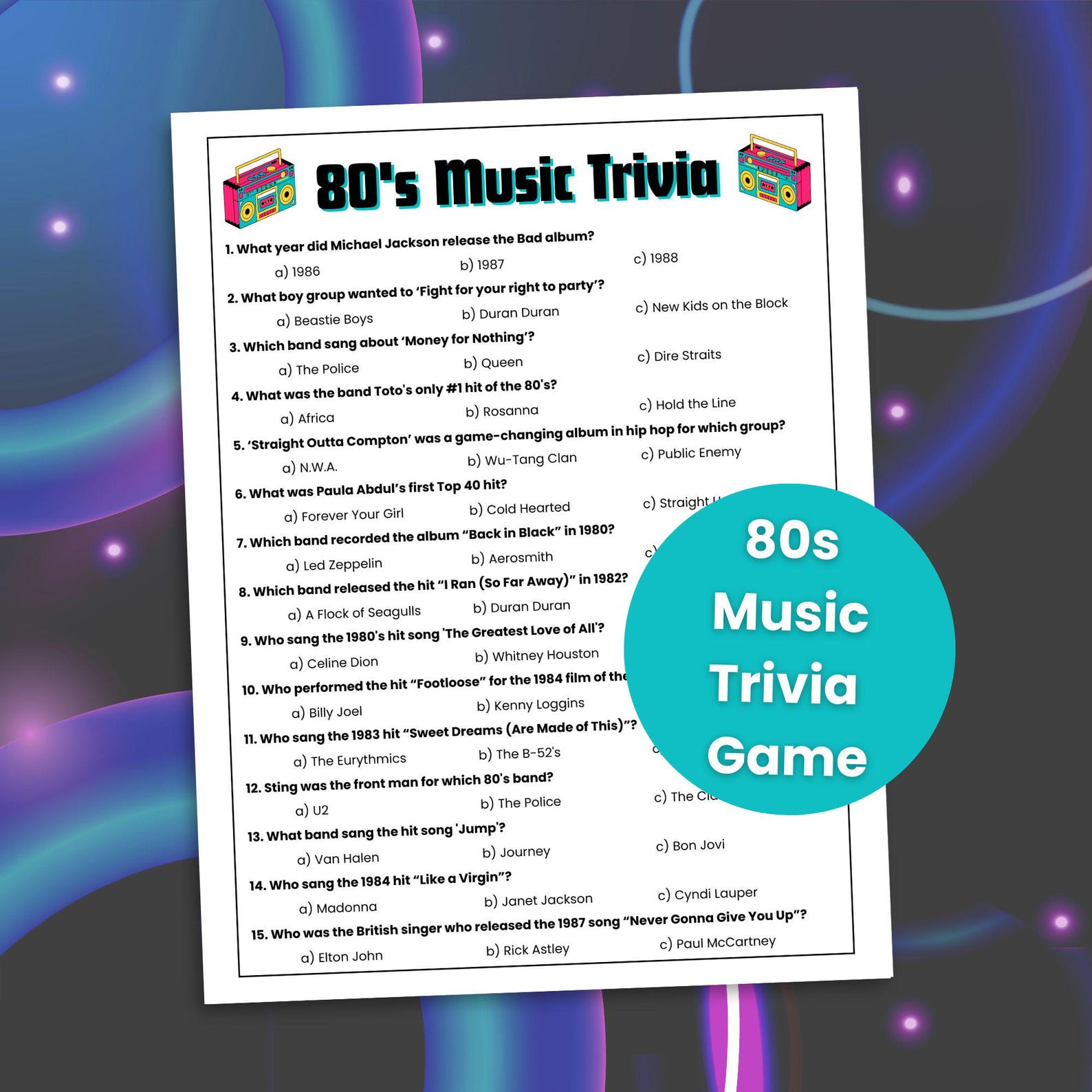 80s Music Trivia Game, 80s Theme Party Game, Decades Trivia, Music ...