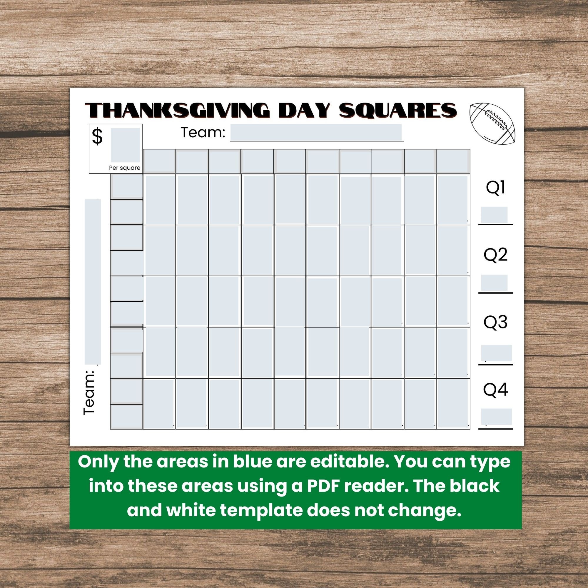 Editable Thanksgiving Day 50 Squares Game, Football Squares Game ...