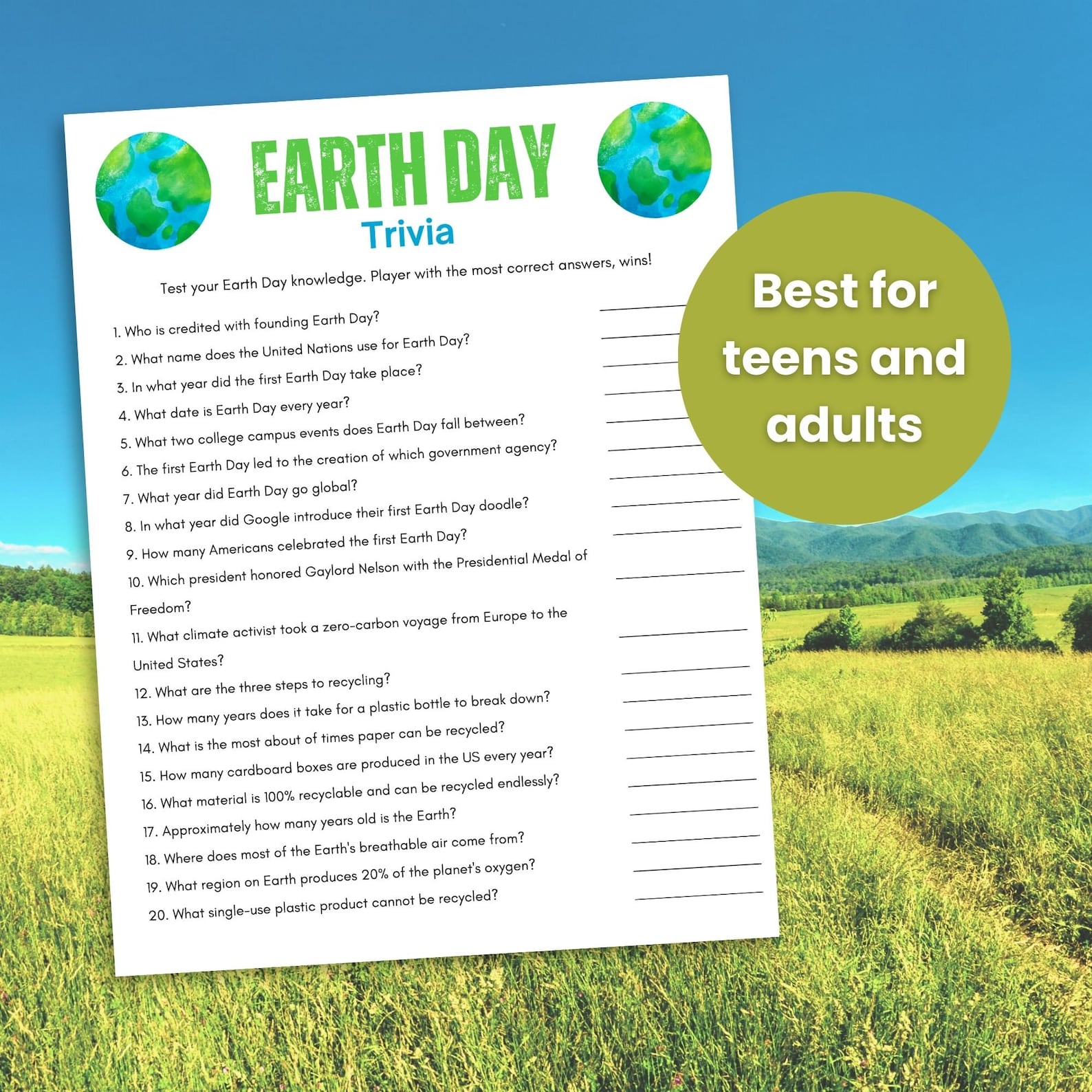 Earth Day Trivia Printable for Teens and Adults, Earth Day Fill in the ...