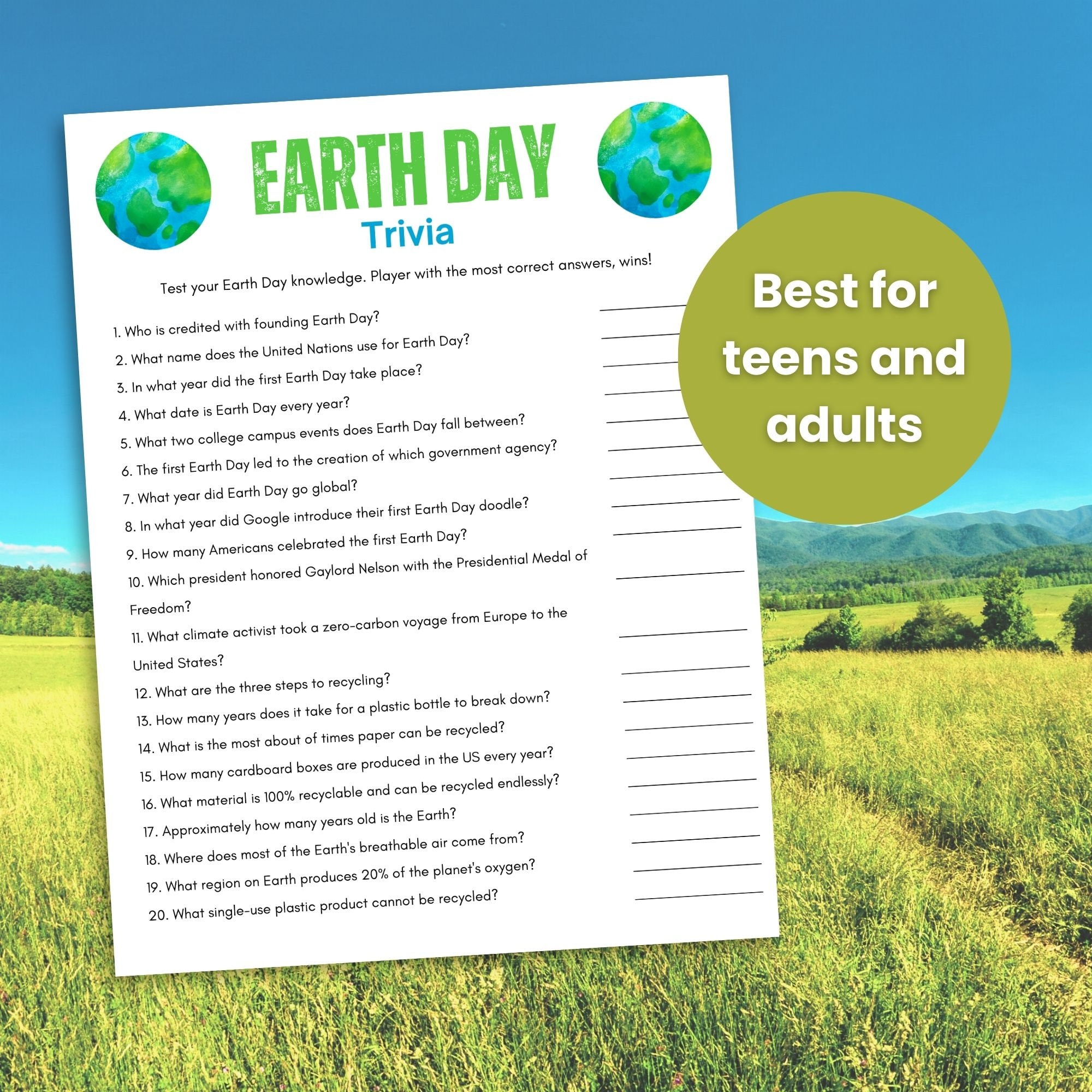 Earth Day Trivia Printable for Teens and Adults, Earth Day Fill in the ...
