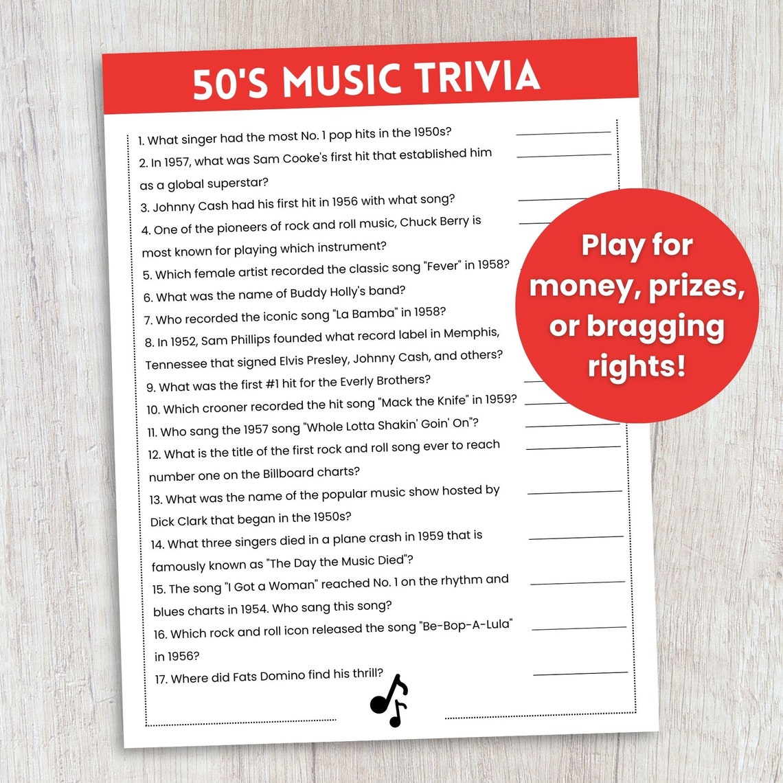 50s Music Trivia Game, 50s Theme Party Game, 50s Trivia, Decades Trivia ...
