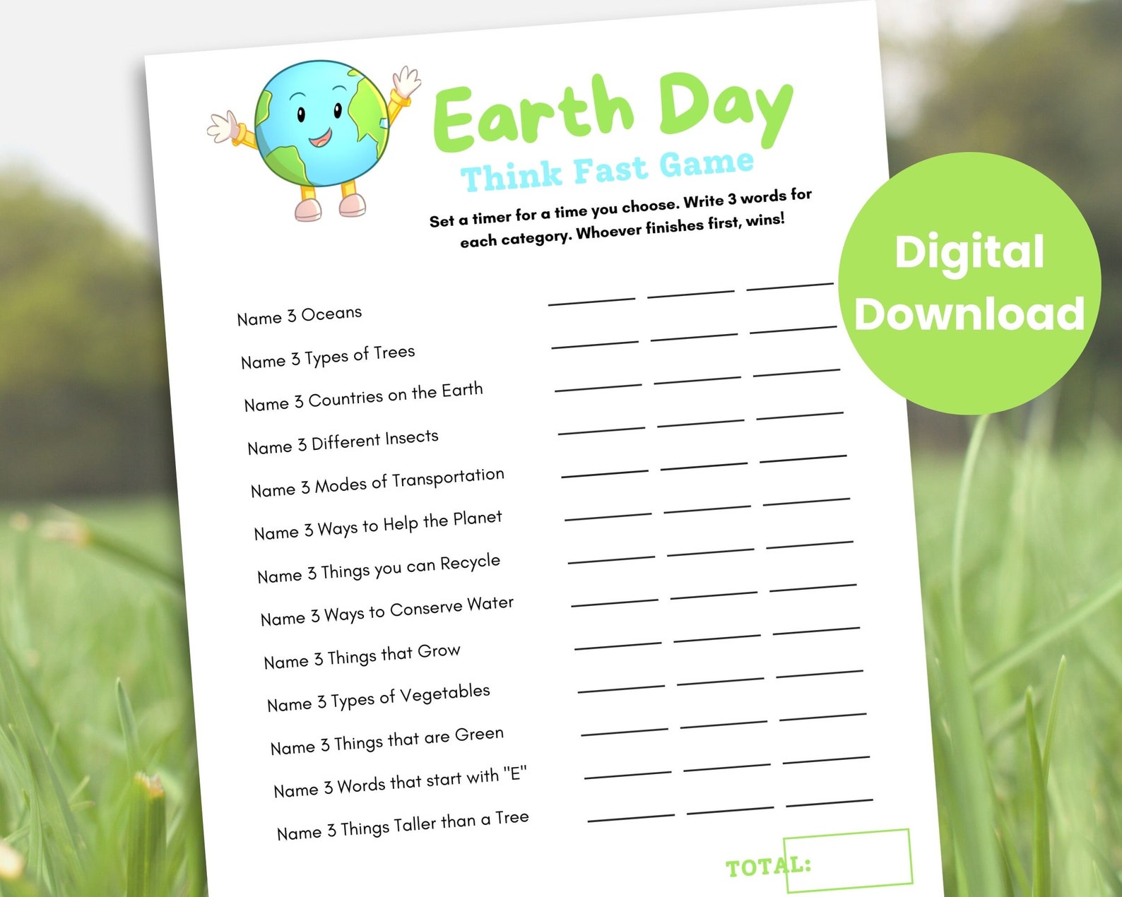Earth Day Think Fast Game, Earth Day Printable Game for Kids and Adults ...