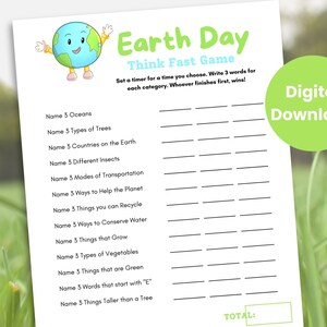 Earth Day Think Fast Game, Earth Day Printable Game for Kids and Adults ...