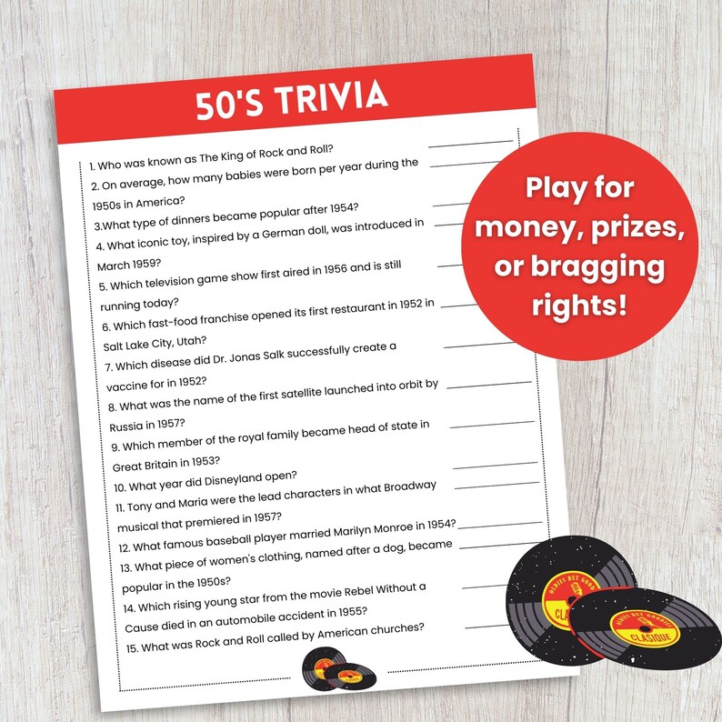 50s Trivia Game, 50s Theme Party Game, Trivia Game for Teens and Adults ...