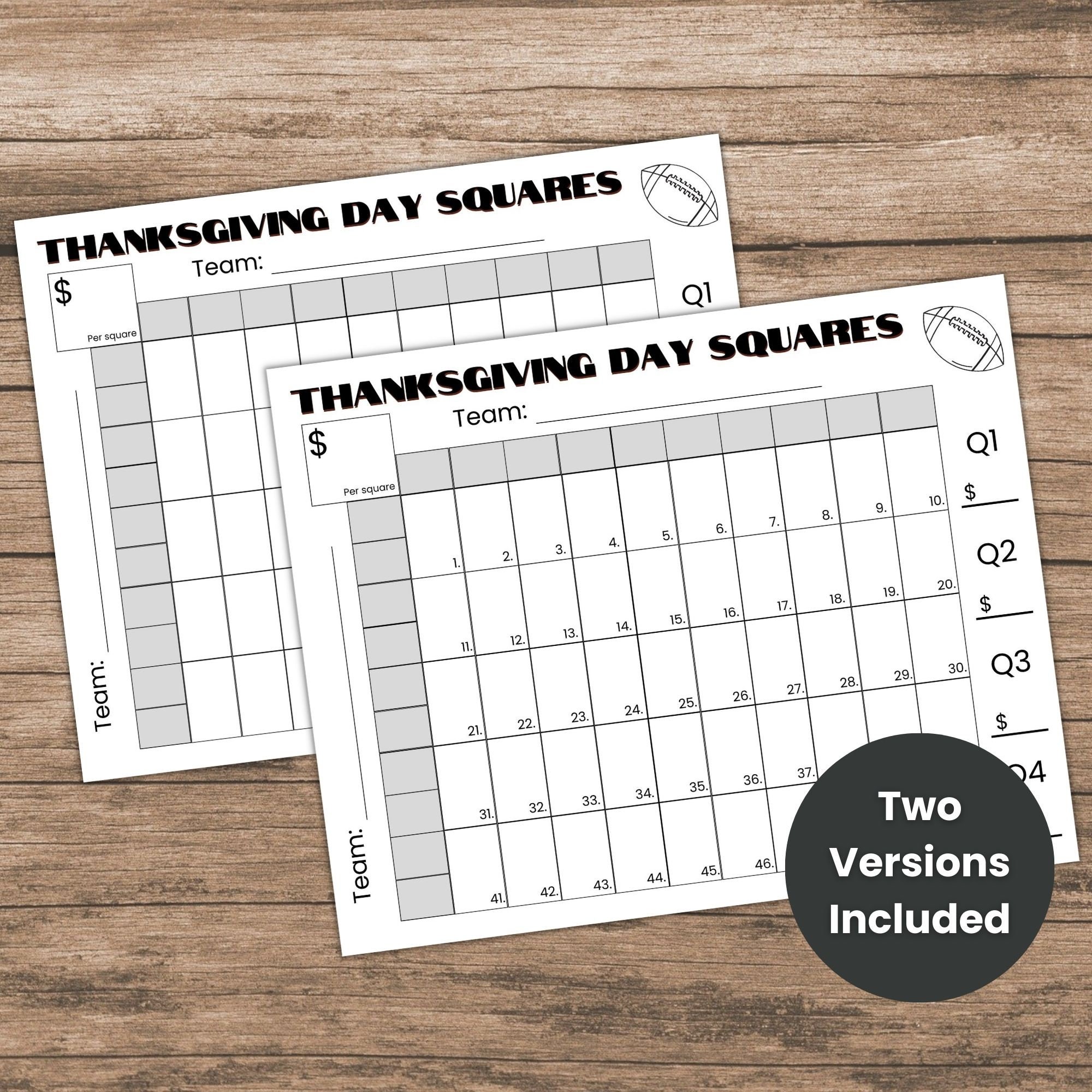 Thanksgiving Day 50 Squares Game, Football Squares Game, Football ...
