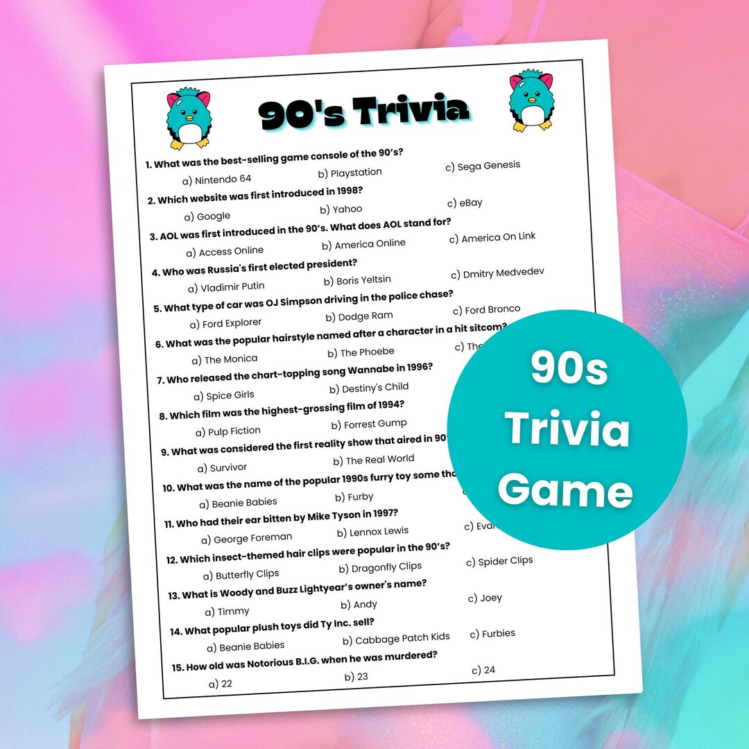 90s Trivia Game, 90s Theme Party Game, 1990s Trivia Game, 90s Birthday ...