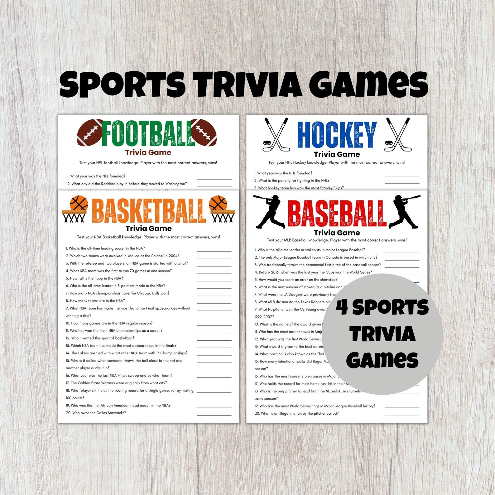 Sports Trivia Game Bundle, Football Trivia, Baseball Trivia, Basketball ...