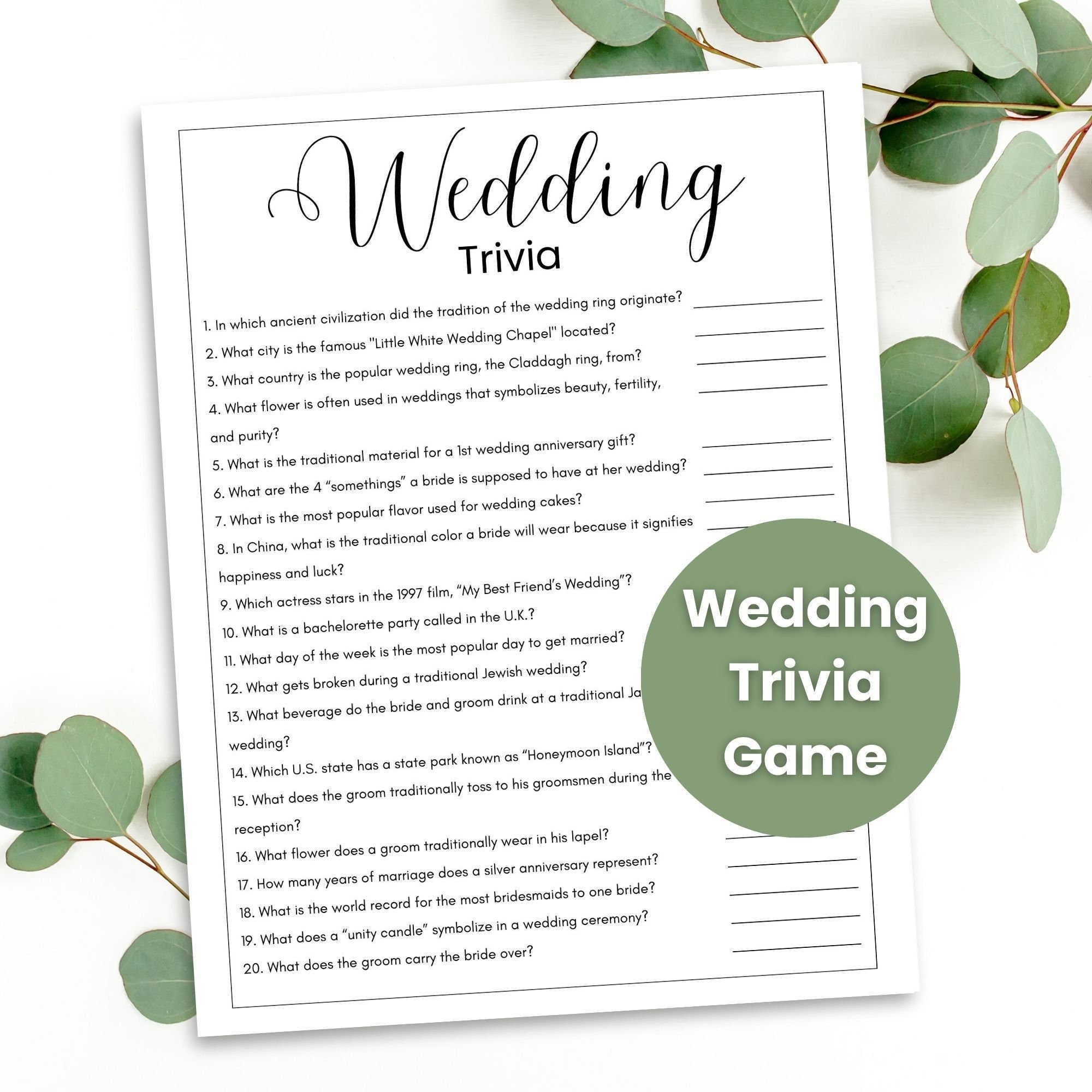Wedding Trivia Game, Bridal Shower Trivia, Wedding Table Games ...