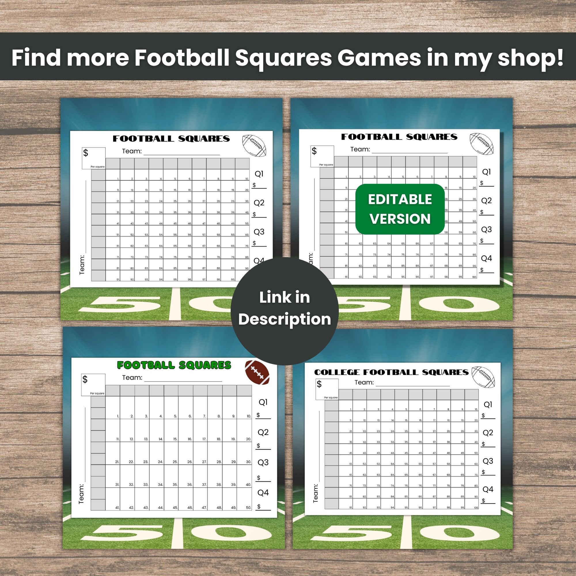 Football Squares Game Printable With Color, Football Fundraiser ...